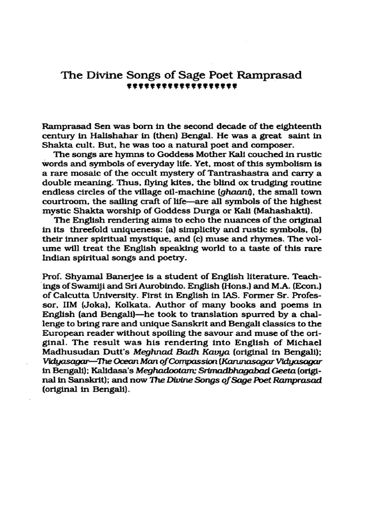 The Divine Songs of Sage Poet Ramprasad (Ramprasad Sen Shyamal Kumar ...