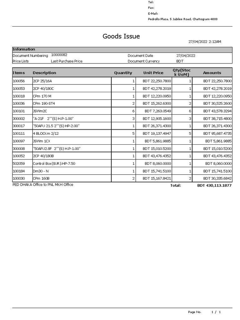 Goods Issue Report from PED Dhaka Office | PDF