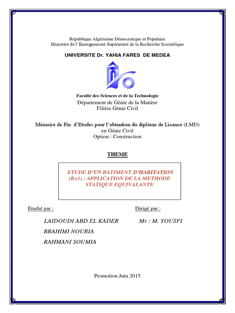 Etude D'un Batiment D'habitation (R+1) Application de La Méthode ...