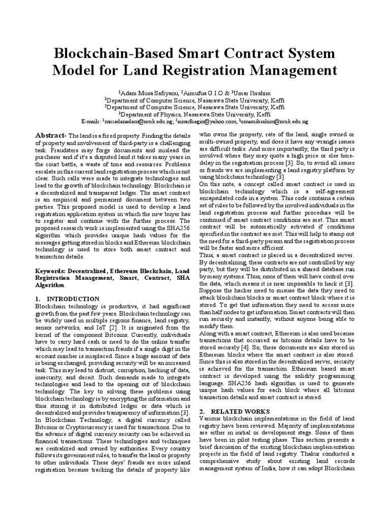 Blockchain-Based Smart Contract System Model For Land Registration Management | PDF | Database ...