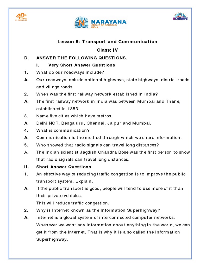 Lesson 9: Transport and Communication Class: IV: D. Answer The ...