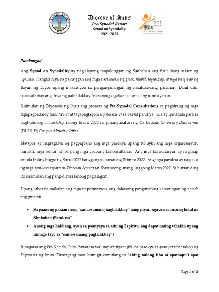 TAGALOG Diocese of Imus Pre Synodal Report | PDF