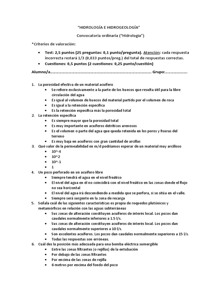Examen HIDROGEO | PDF | Agua subterránea | Agua