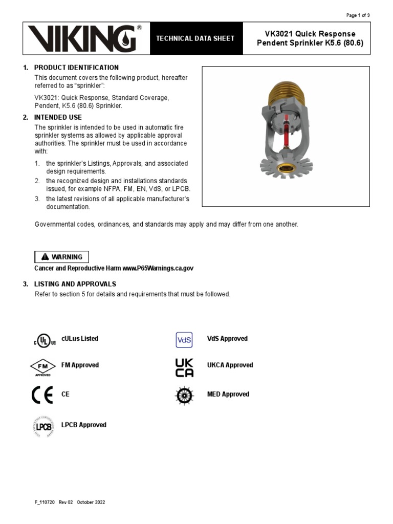 VK3021 Quick Response Pendent Sprinkler K5.6 (80.6) : 1. Product ...