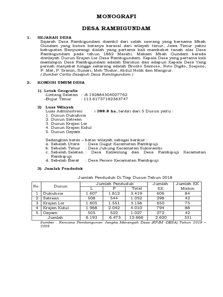 Monografi Desa Rambigundam Jember | PDF