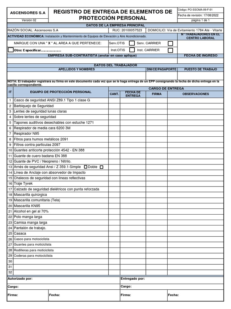 PO-SSOMA-09-F-01 Kardex de Entrega de EPP - V2 | PDF | La seguridad | Equipo de protección personal