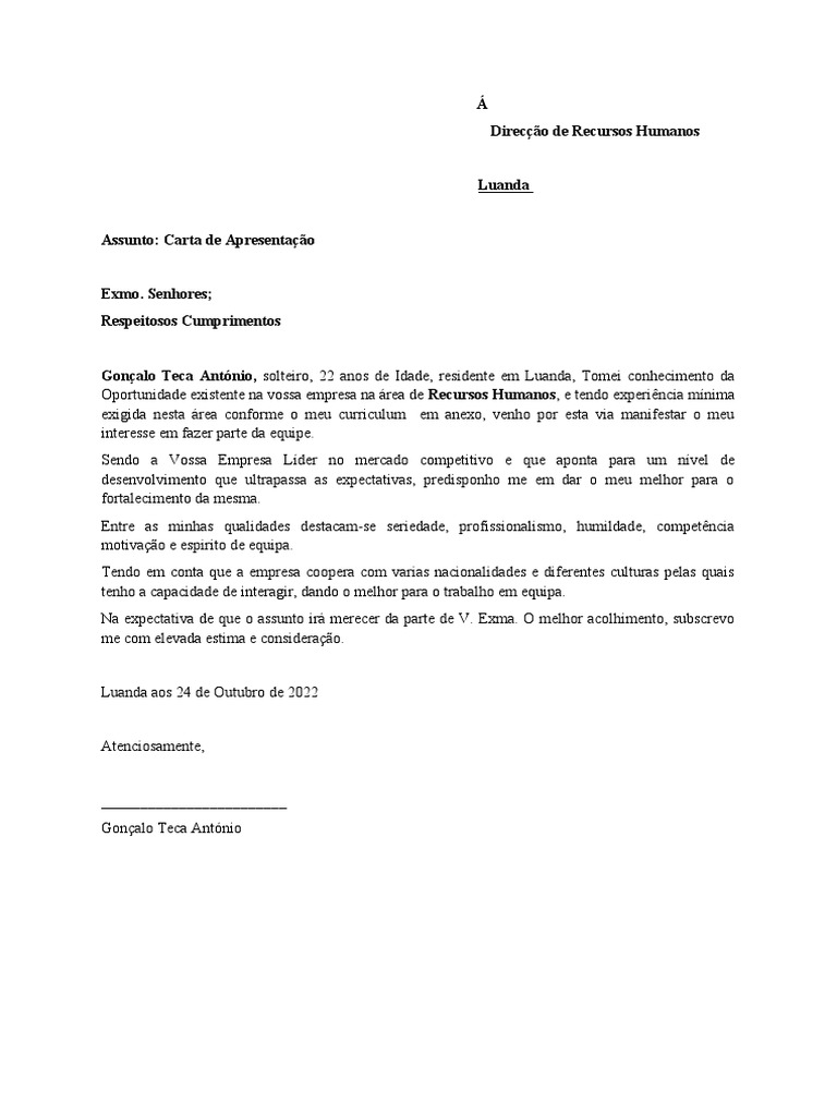 Carta Apresentação Candidatura | PDF | Carreira e Crescimento | Negócios