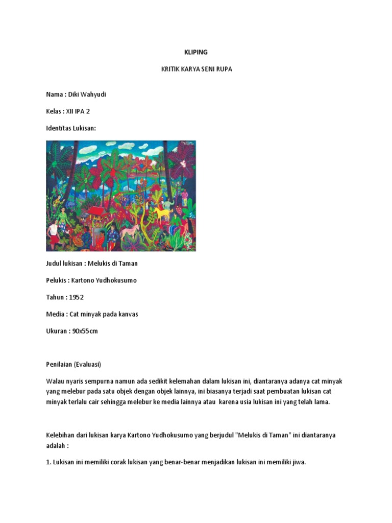 Kritik Karya Seni Rupa Melukis Di Taman Karya Kartono Yudhokusumo Pdf