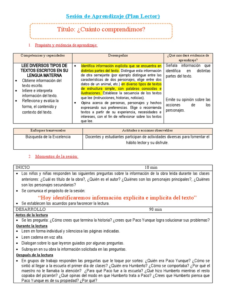 Sesion Plan Lector Pdf Aprendizaje Información