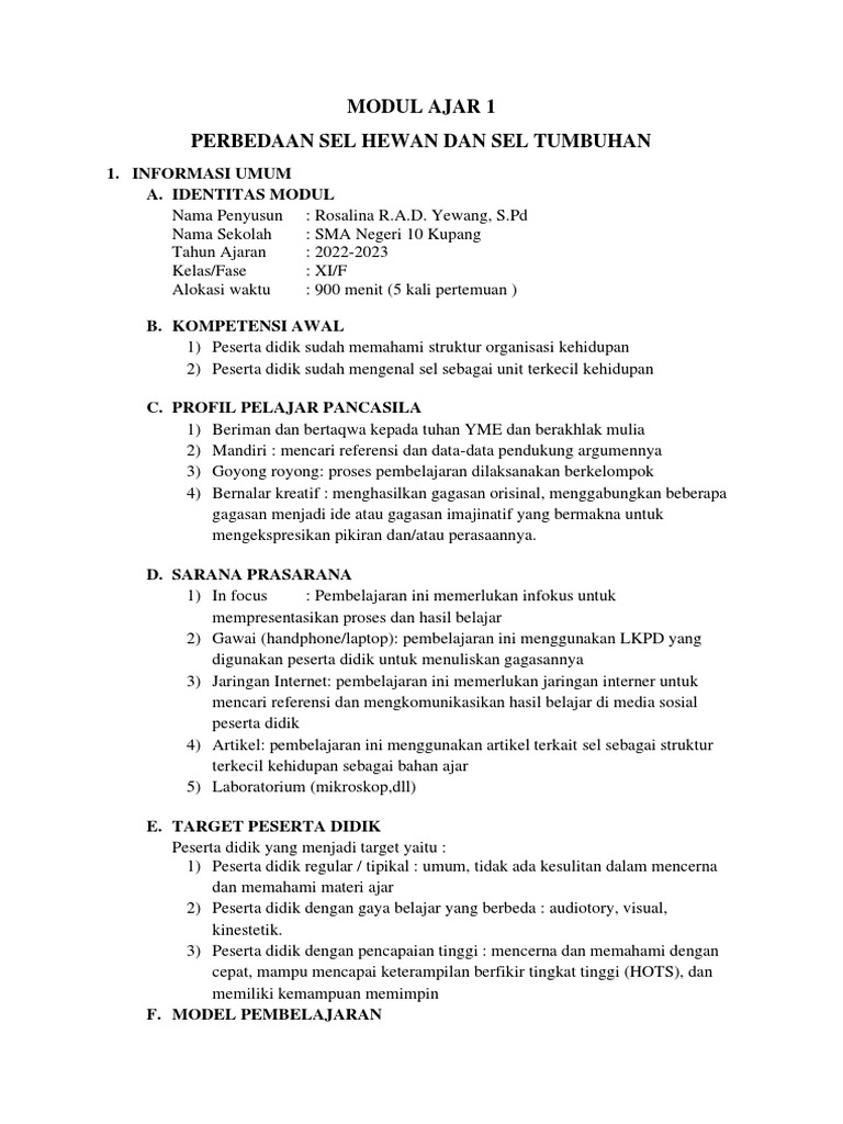 Modul Ajar - 1 - Biologi F - Sel | PDF