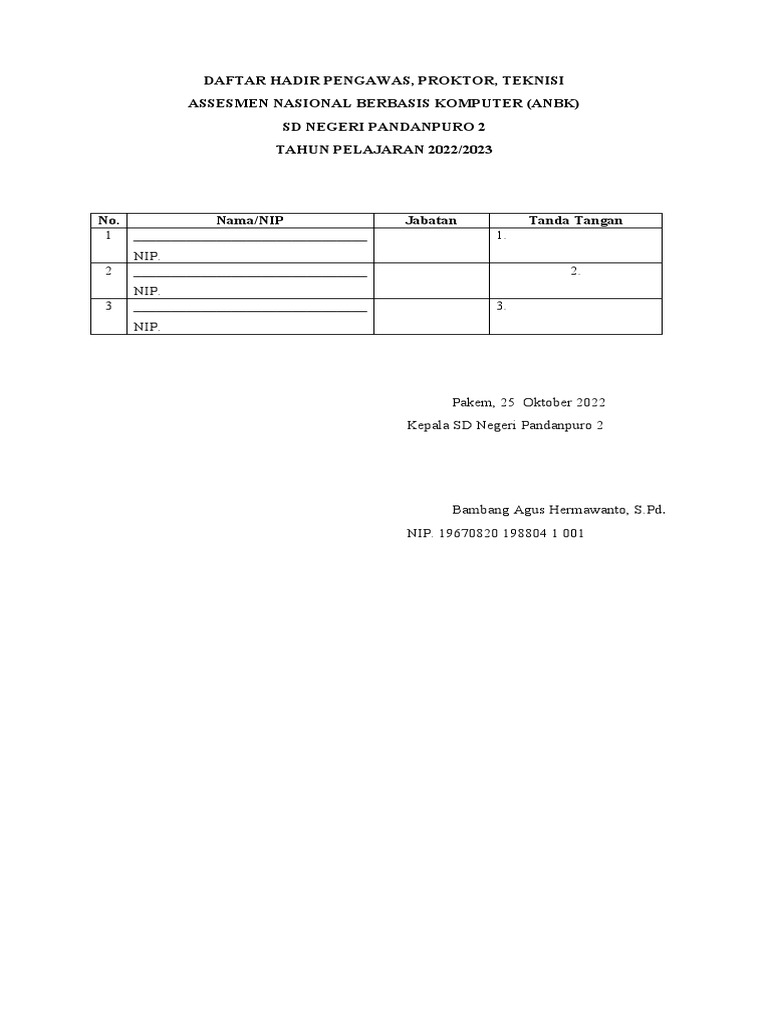 Daftar Hadir Pengawas Anbk | PDF