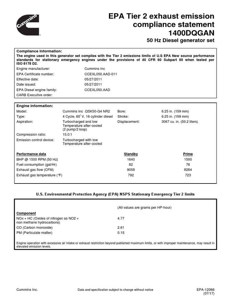 EPA Tier 2 Exhaust Emission Compliance Statement 1400DQGAN: 50 HZ ...