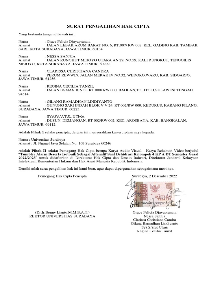 Surat Pengalihan Hak Tumbler Alarm Beserta Isotonik A4 Karya Audio ...