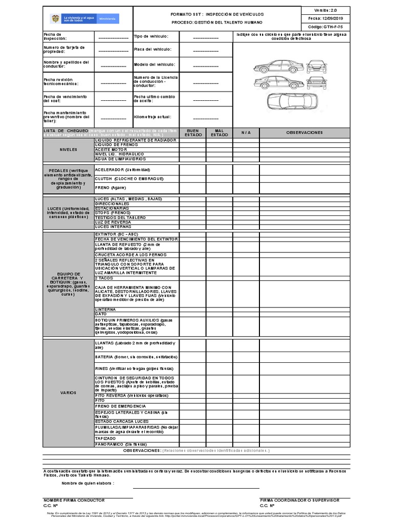Gth-f-75 Formato SST - Formato Inspeccion de Vehiculo 2.0 | PDF ... Gth-f-75 Formato SST - Formato Inspeccion de Vehiculo 2.0 | PDF ...