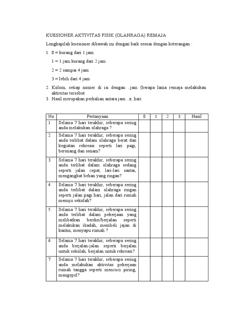 Kuesioner Aktivitas Fisik | PDF