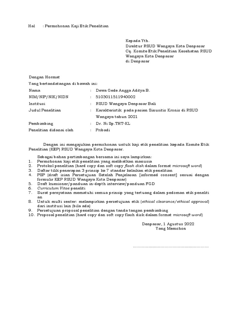 Contoh Surat Permohonan Kaji Etik Penelitian | PDF