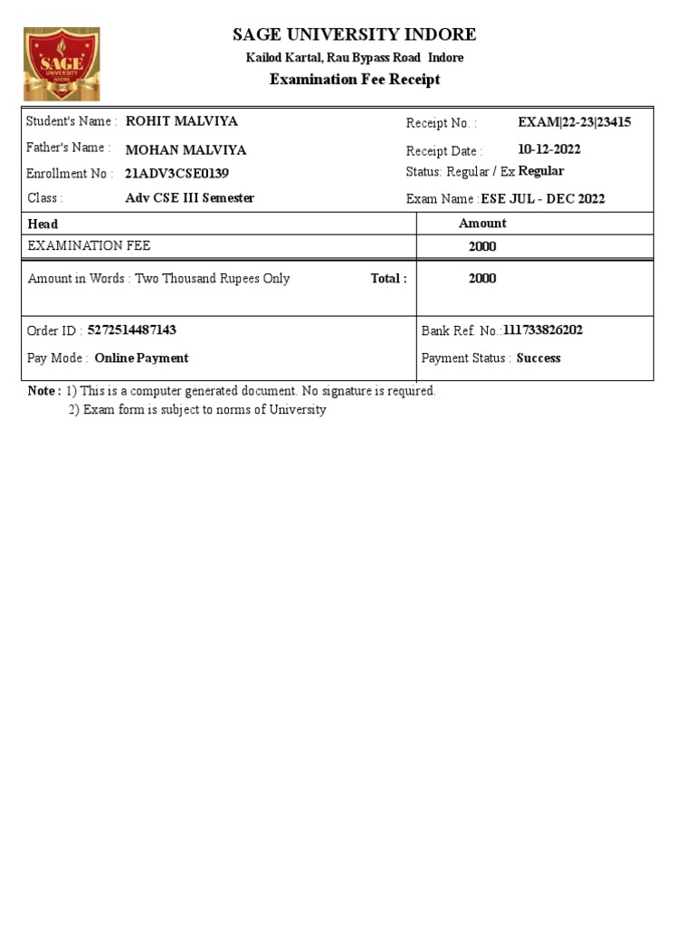 Sage University Indore: Examination Fee Receipt | PDF