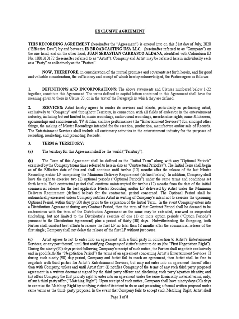 EXCLUSIVE AGREEMENT - Clean | PDF | Royalty Payment | Breach Of Contract