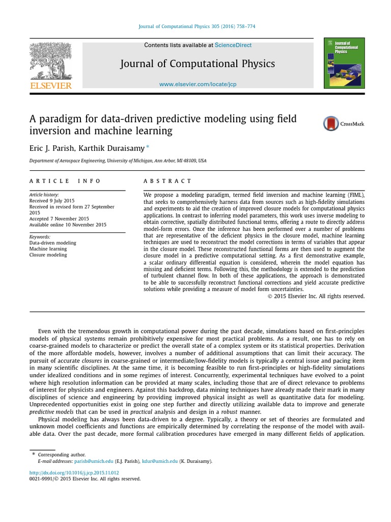 2016 A Paradigm For Data Driven Predictive Modeling Using Field Inversion And Machine Learning