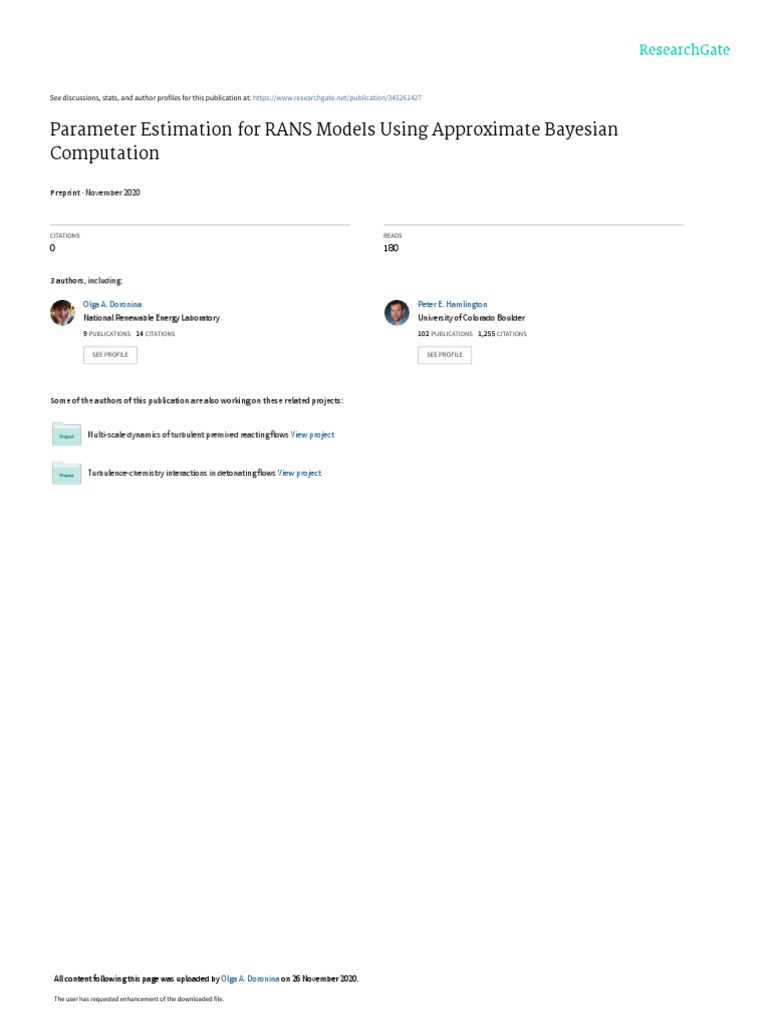 2020 Parameter Estimation For Rans Models Using Approximate Bayesian Computation Pdf