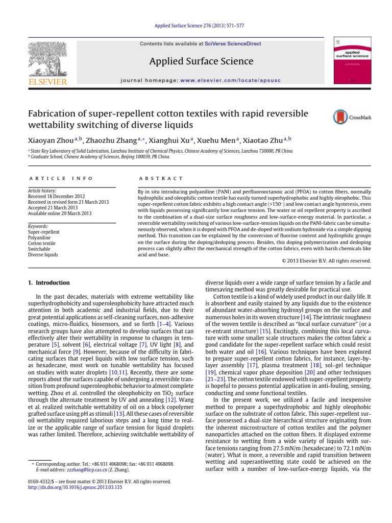 Fabrication of Super-Repellent Cotton Textiles With Rapid Reversible ... Fabrication of Super-Repellent Cotton Textiles With Rapid Reversible ...