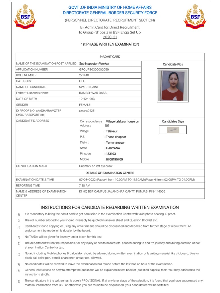 BSF Group B Exam Admit Card 2020-21 | PDF | Government