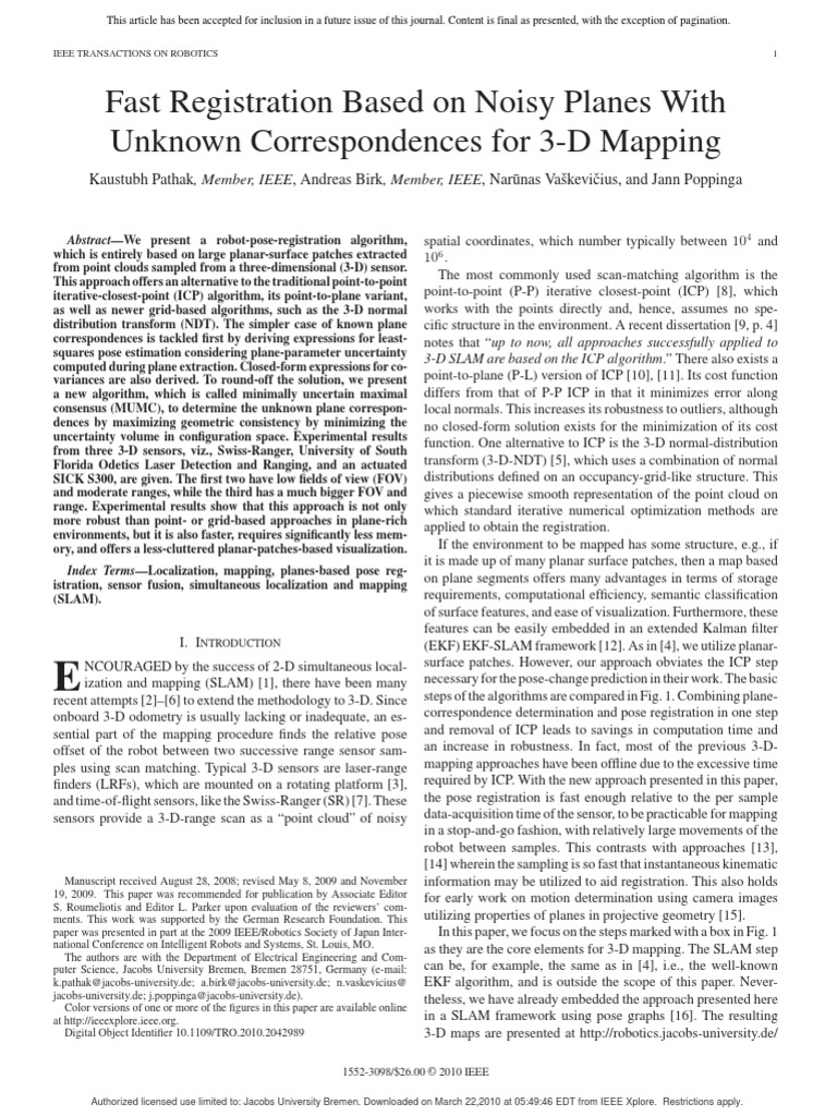 Fast Registration Based On Noisy Planes With Unknown Correspondences For 3-D Mapping | PDF ...