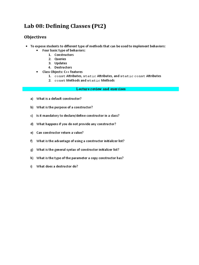 Lab 08 Pdf Constructor Object Oriented Programming Programming