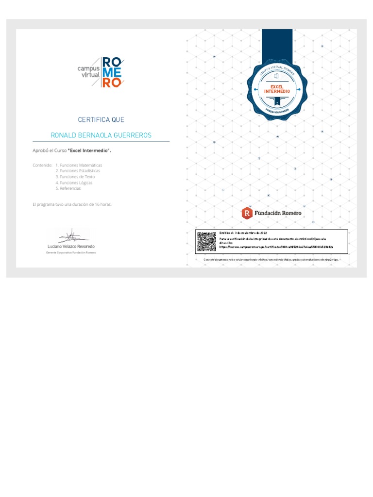 Certificado CVR MTPEEXI01 - Campus Virtual Romero | PDF