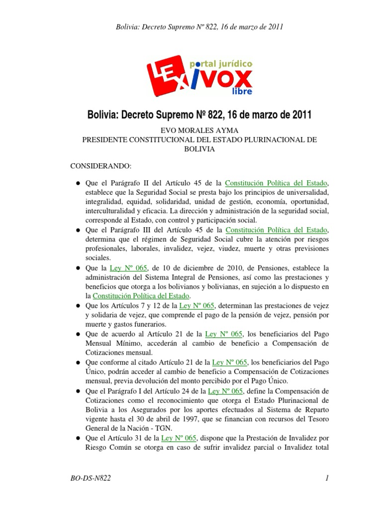Bolivia aprueba el reglamento de desarrollo parcial de la Ley de Pensiones en materia de ...