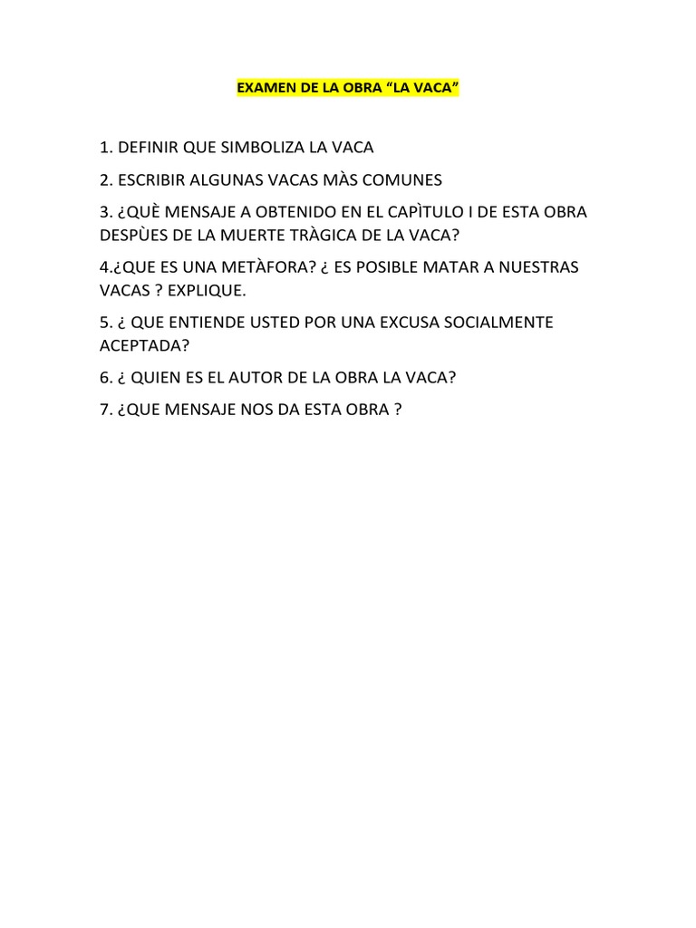 Examen de La Obra La Vaca 1er Año | PDF
