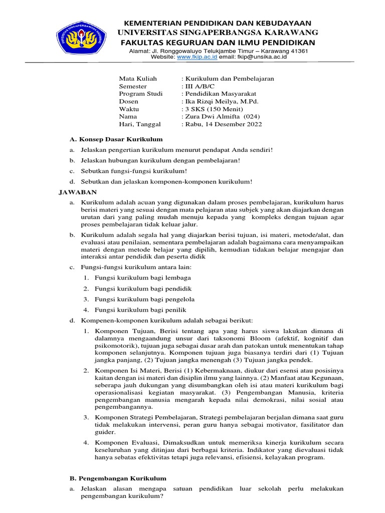Latihan Soal Kurikulum Dan Pembelajaran Zura Dwi Almifta | PDF