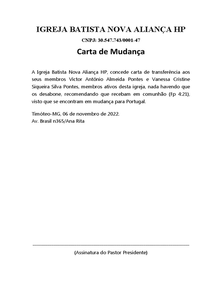 Carta de Mudança | PDF Carta de Mudança | PDF