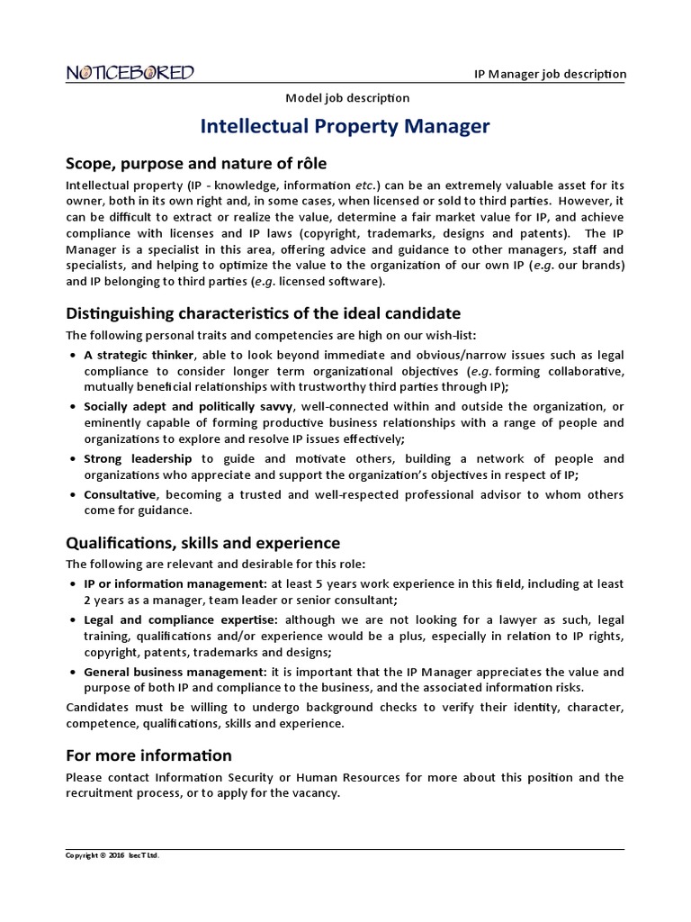 NB Model Job Description For Intellectual Property Manager | PDF ...