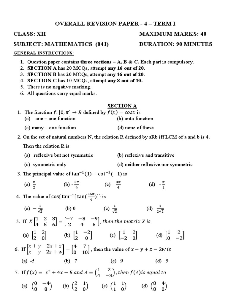 Overall Revison Paper - 4 Term 1 Mathematics | PDF | Maxima And Minima | Function (Mathematics)