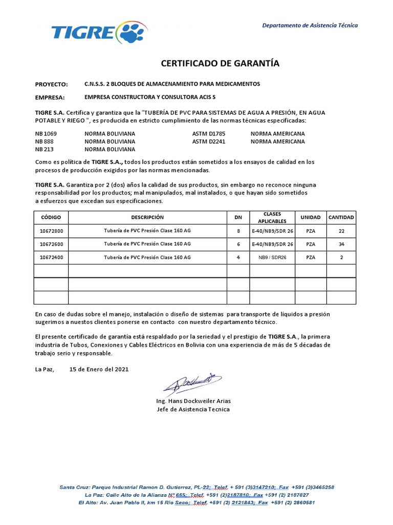 Certificado Tubería PVC Presión RIVEROS | PDF