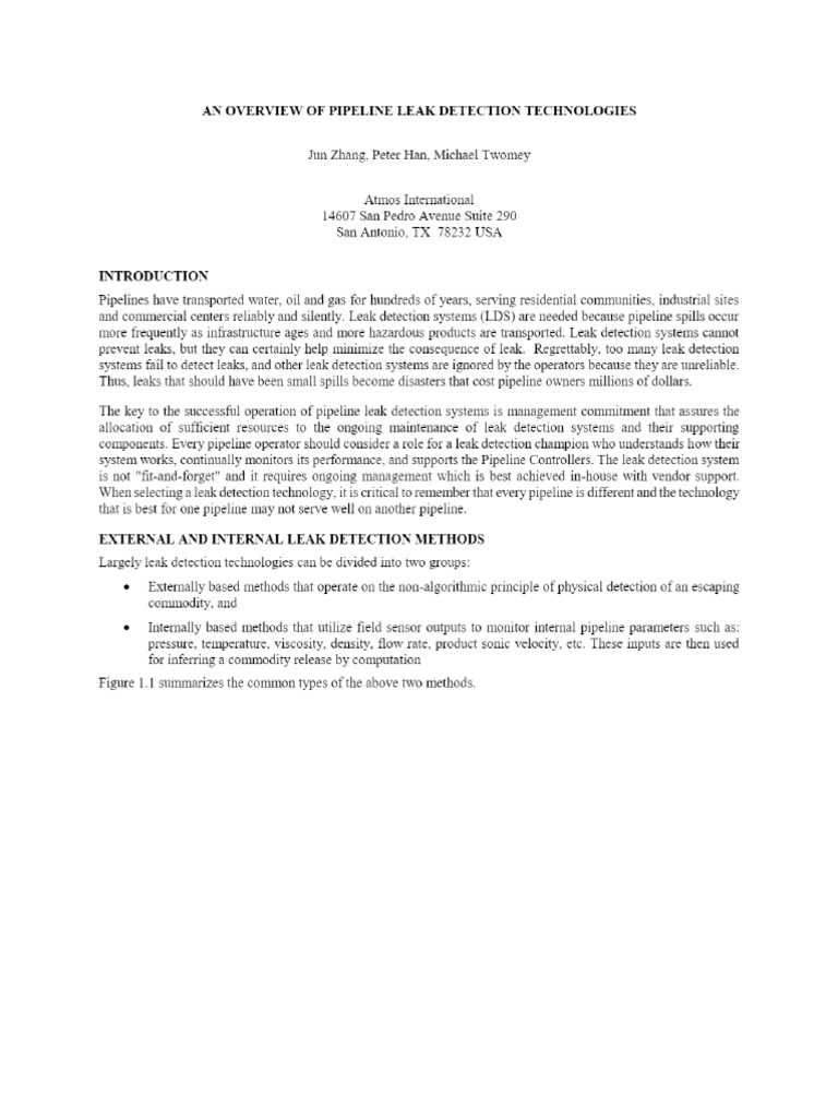 An Overview Of Pipeline Leak Detection Technologies Pdf
