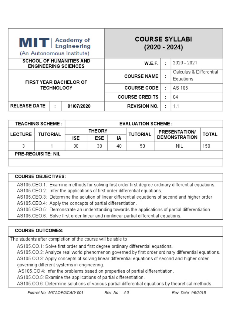 Syllabus - Calculus Differential Equations | PDF | Differential ...
