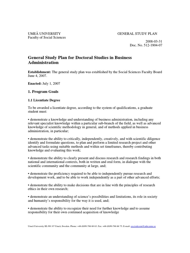 General Study Plan For Doctoral Studies in Business Administration ...