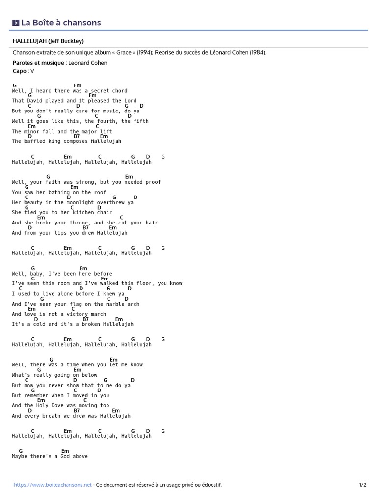 Hallelujah - Jeff Buckley - La Boîte À Chansons | PDF