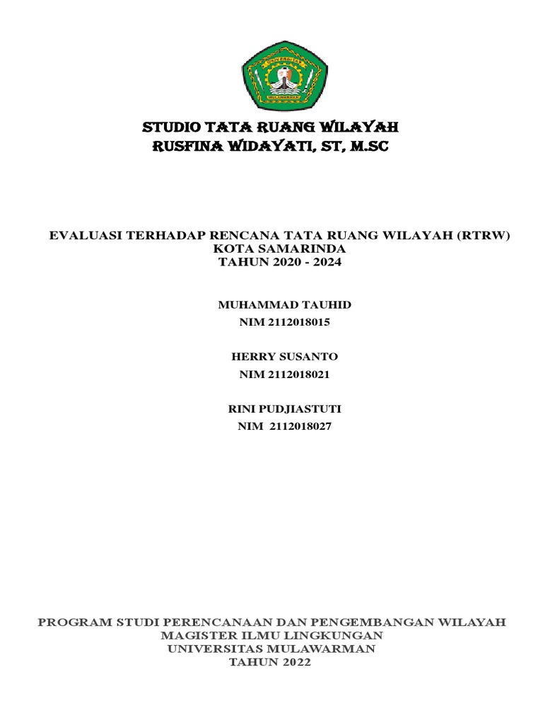 Tugas Makalah REVIU RTRW Kota Samarinda PPW 2022 | PDF