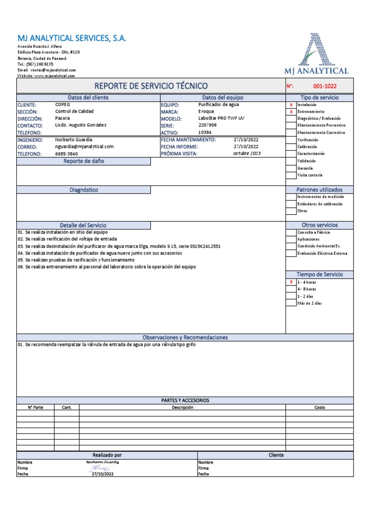 Reporte de Servicio Técnico: MJ Analytical Services, S.A | PDF