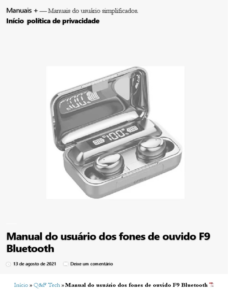 F9 Bluetooth Earbuds User Manual - Manuais + | PDF | Bluetooth | Sem fio