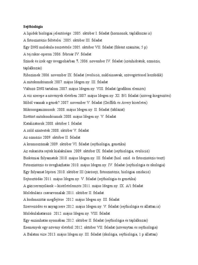 Sejtbiologia Biokemia Molbi Emelt | PDF