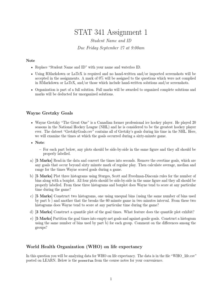 STAT 341 Assignment 1: Student Name and ID Due Friday September 27 at 9 ...