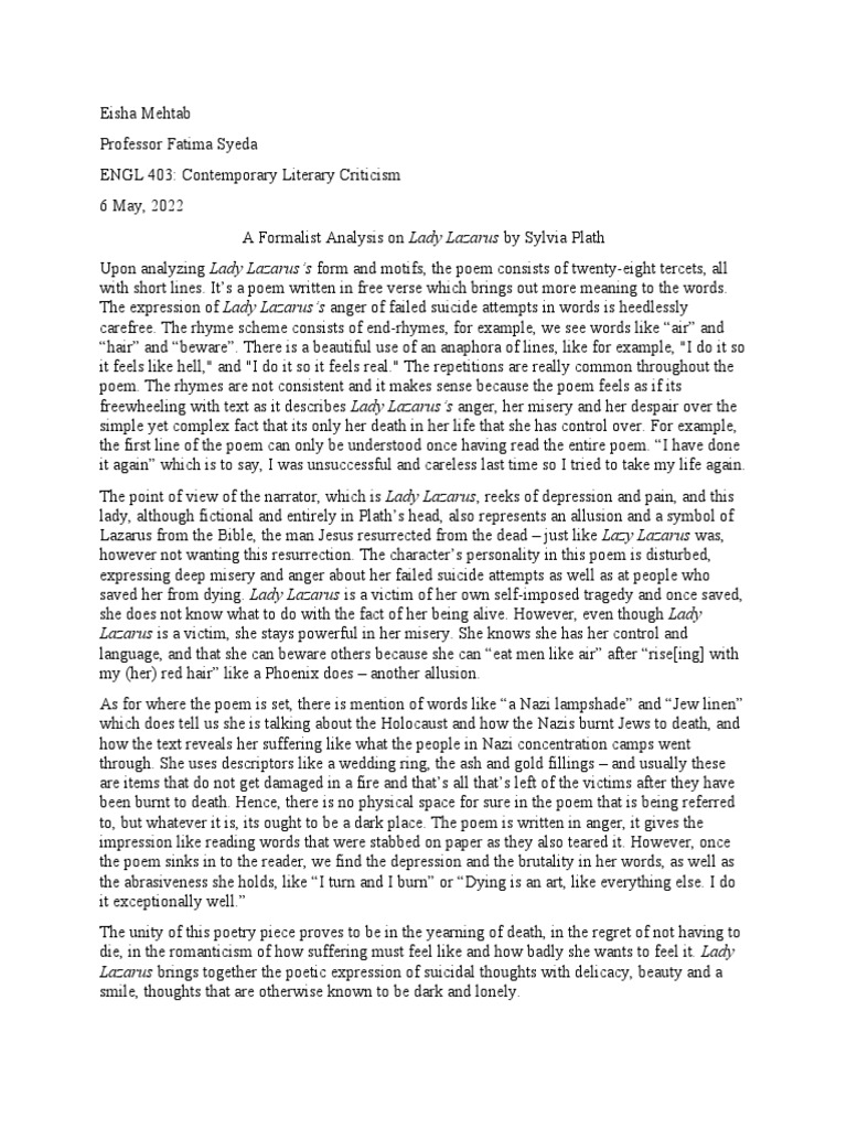 A Formalist Analysis On Lady Lazarus By Sylvia Plath Pdf