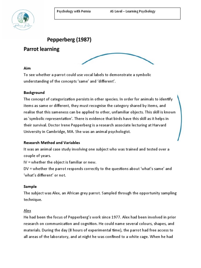 Learning Psychology - Pepperberg (Parrot Learning) | PDF | Psychology ...