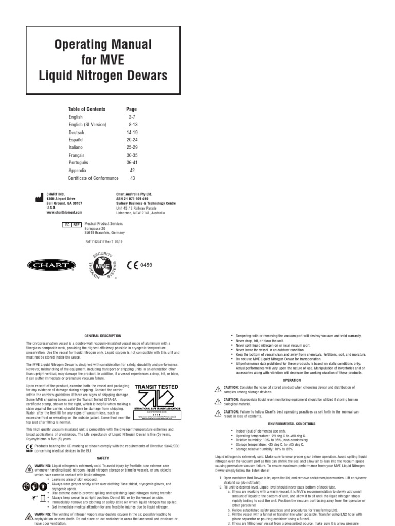 Mve Liquid Nitrogen Dewars Operating Instruction Manual 11624417 | PDF | Cryogenics | Chemistry