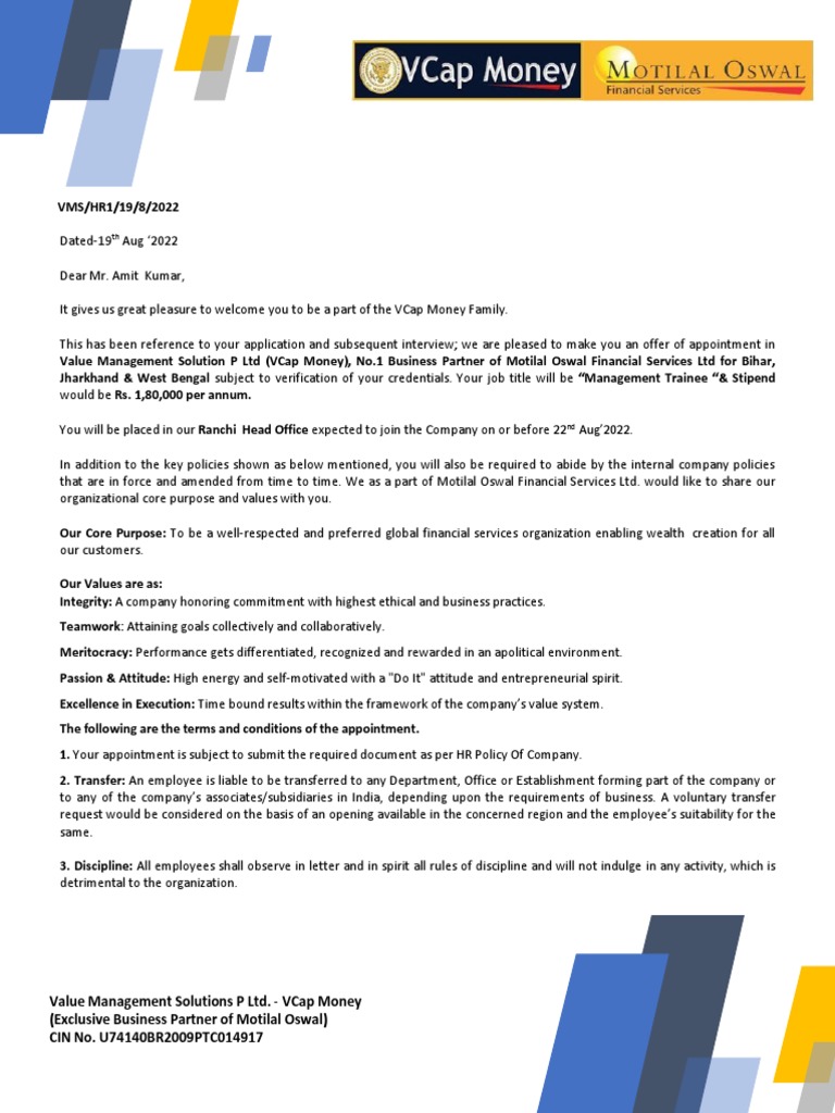 Offer Letter - Mr. Amit Kumar | Download Free PDF | Employment | Legal Remedy