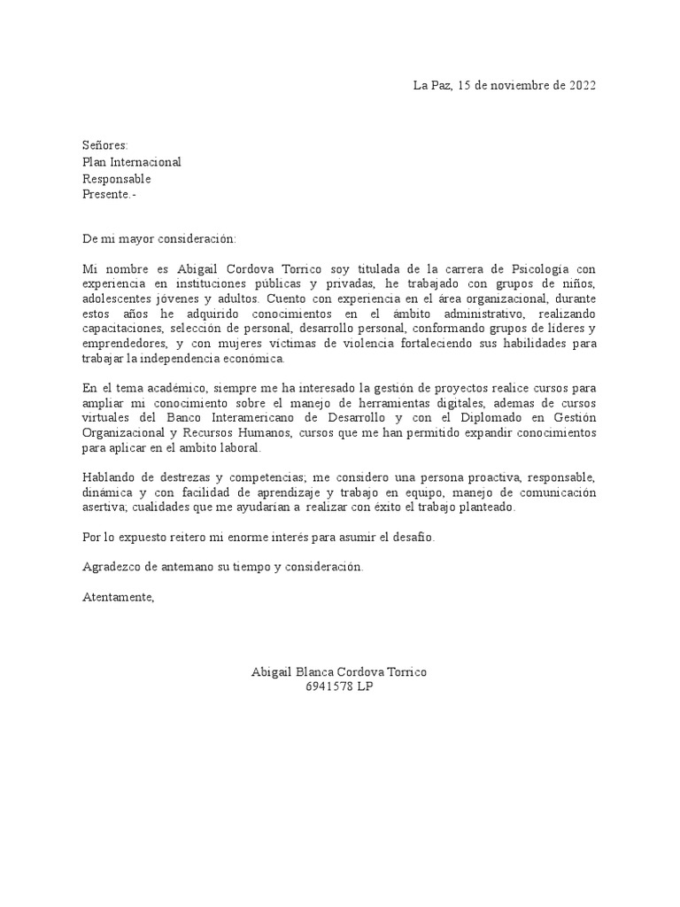 Carta de Postulacion | PDF